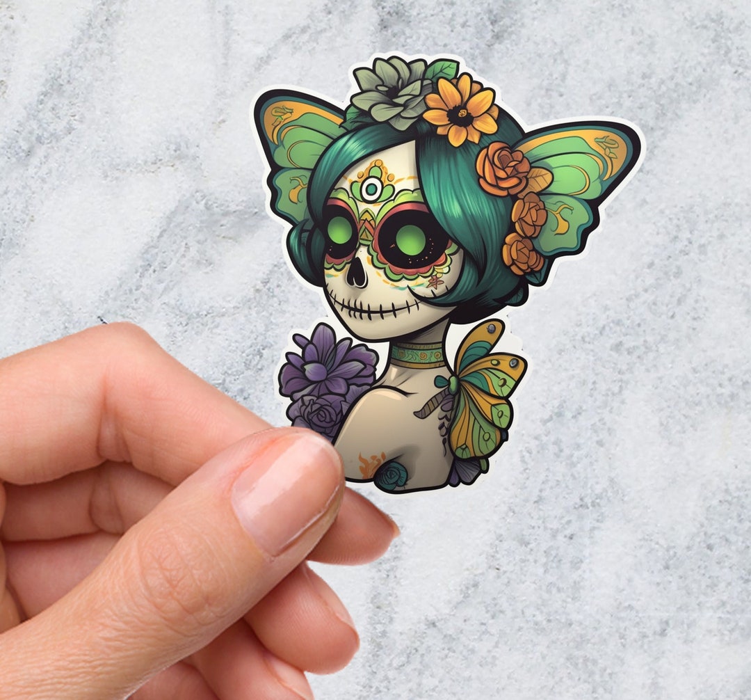 Mischievous Green Sugar Skull Fairy Sticker, Fairy Sticker, Water ...