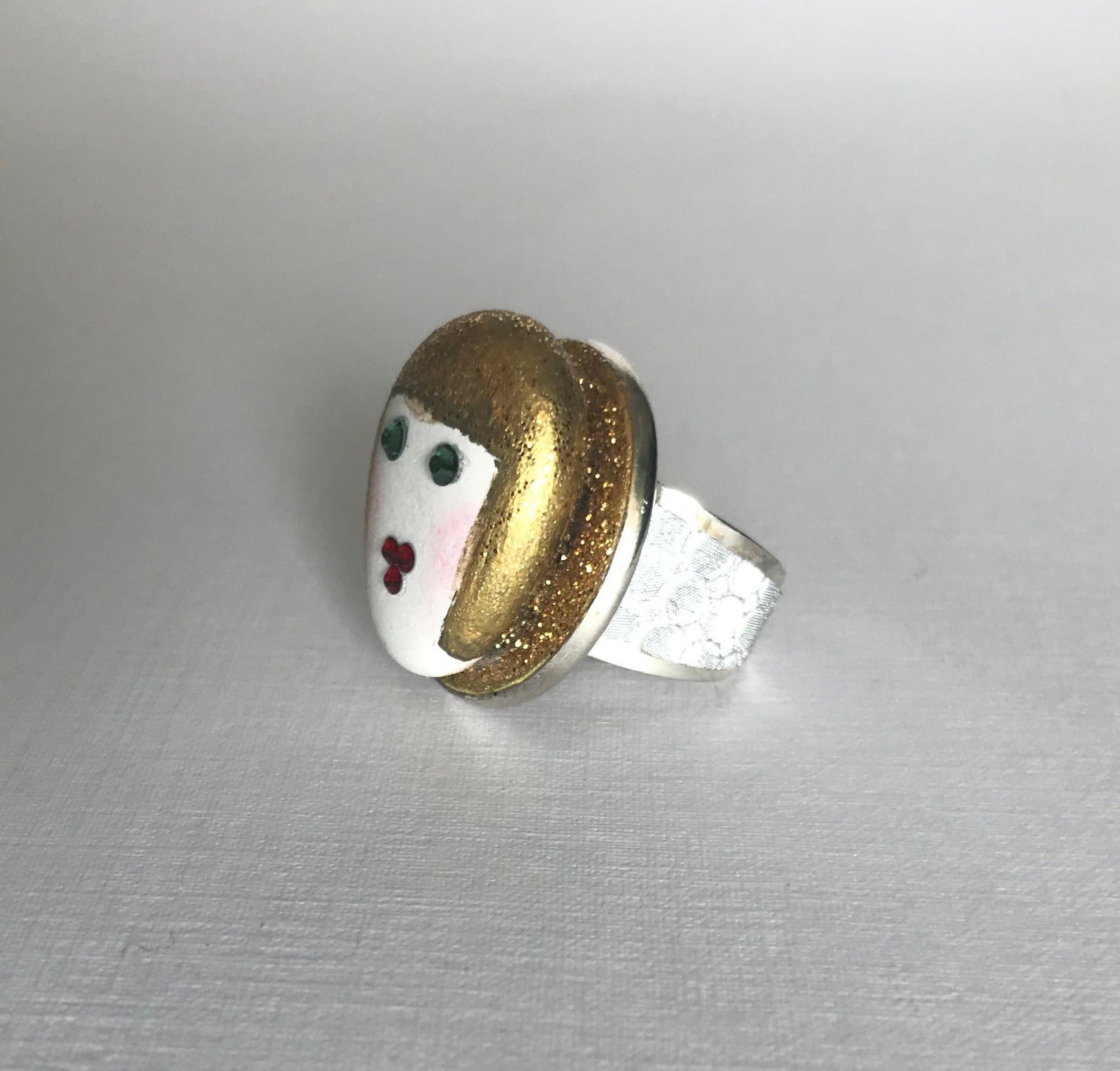 Ring Head Gold Face Ring Handmade Big Silver Summer Crystals Swarovski ...