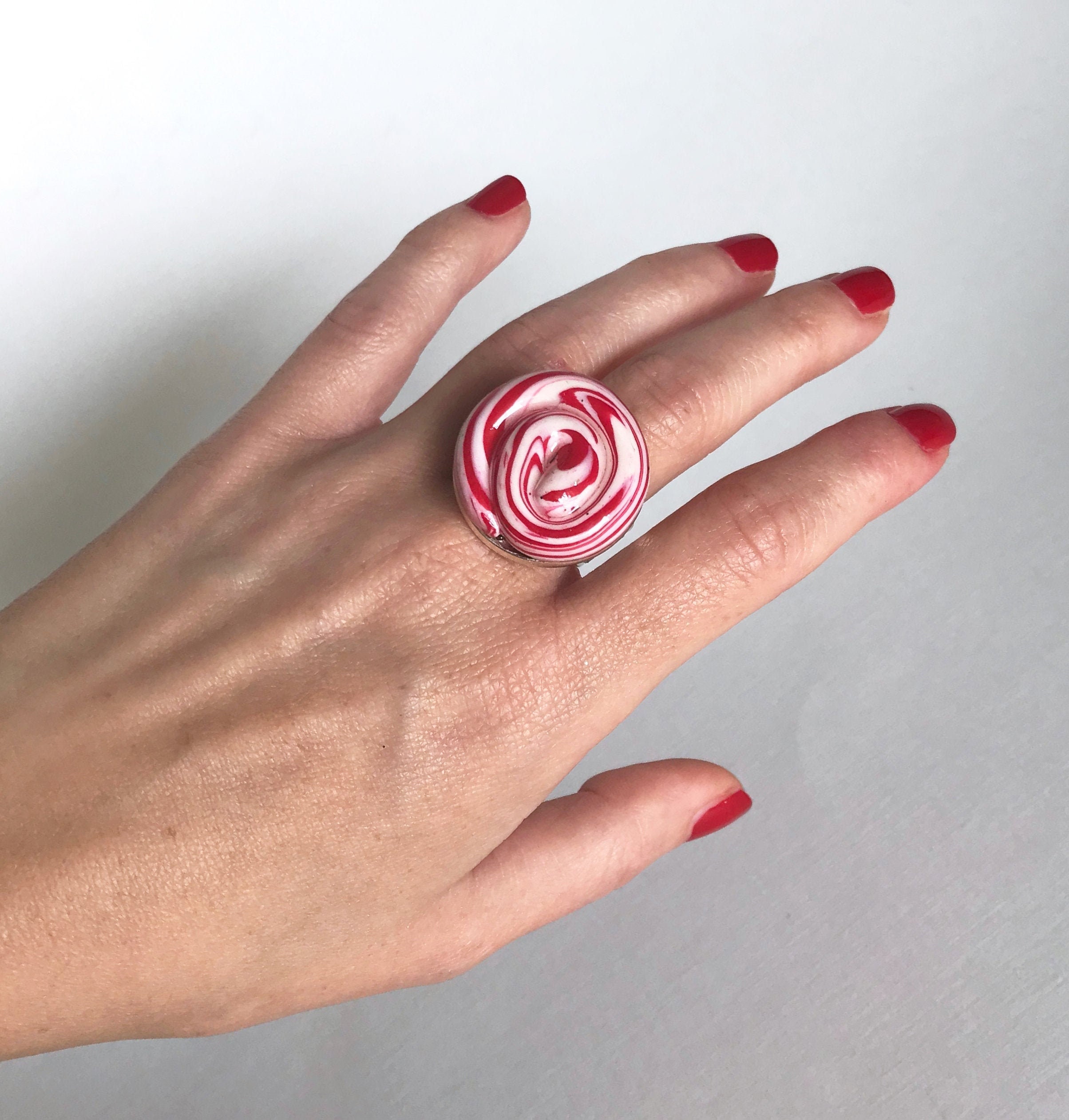 Ring Candy Cane Lollipop Handmade Big Ring Gift Summer Bonbon Ring Red ...