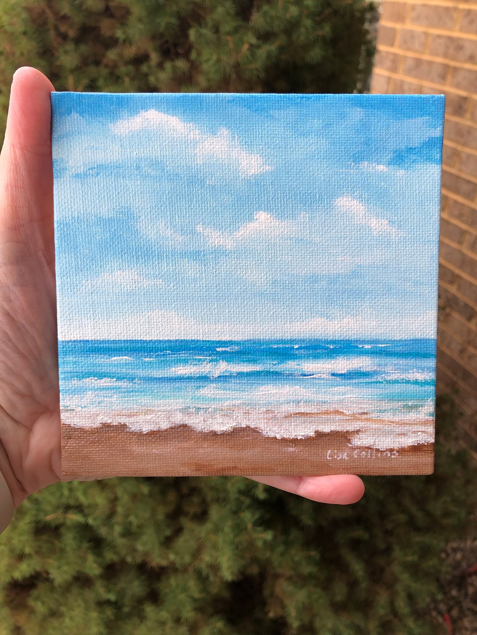Blue Ocean Waves Acrylic Painting | Small Original Cloudy Skies ...