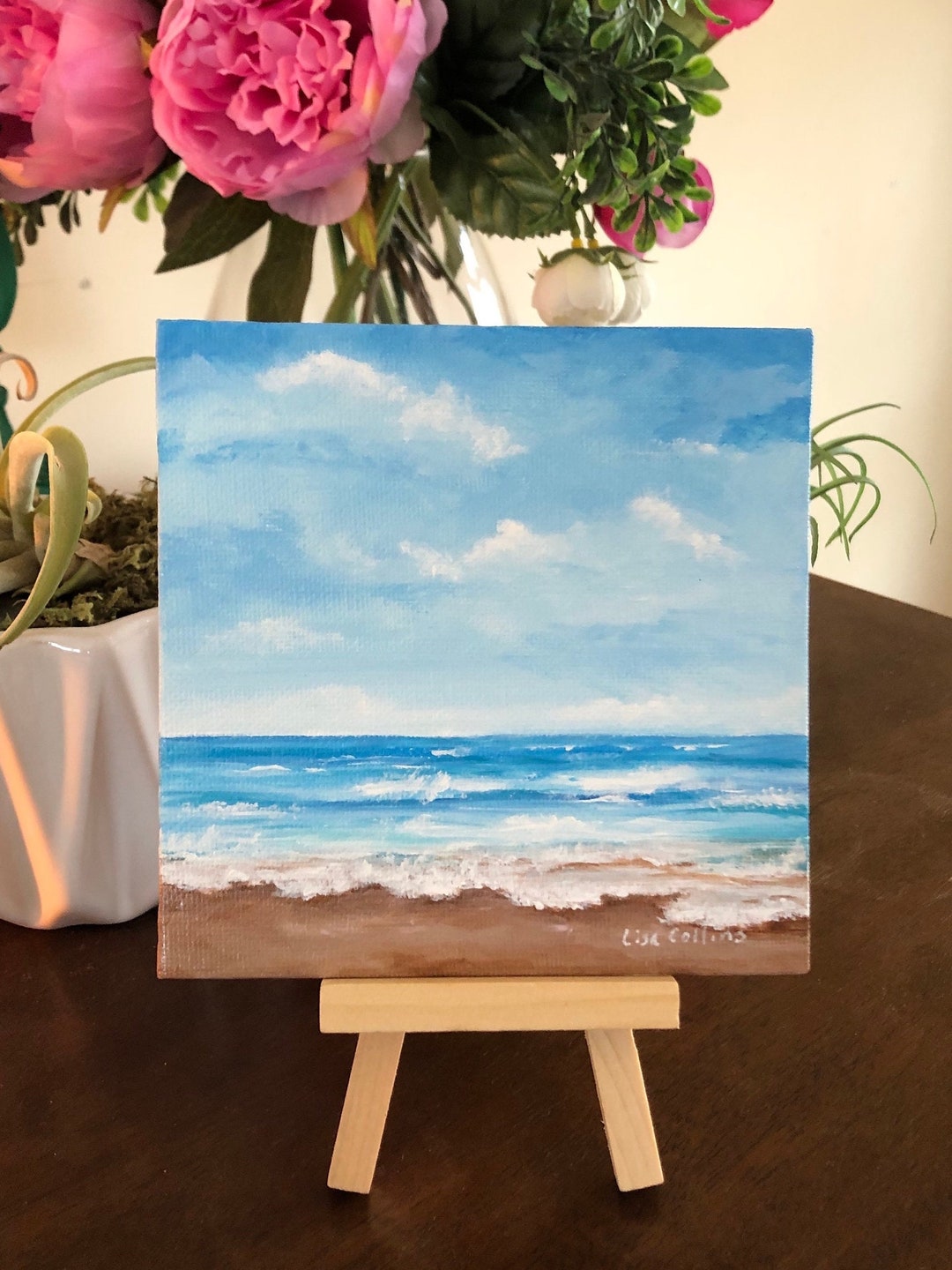 Blue Ocean Waves Acrylic Painting | Small Original Cloudy Skies ...