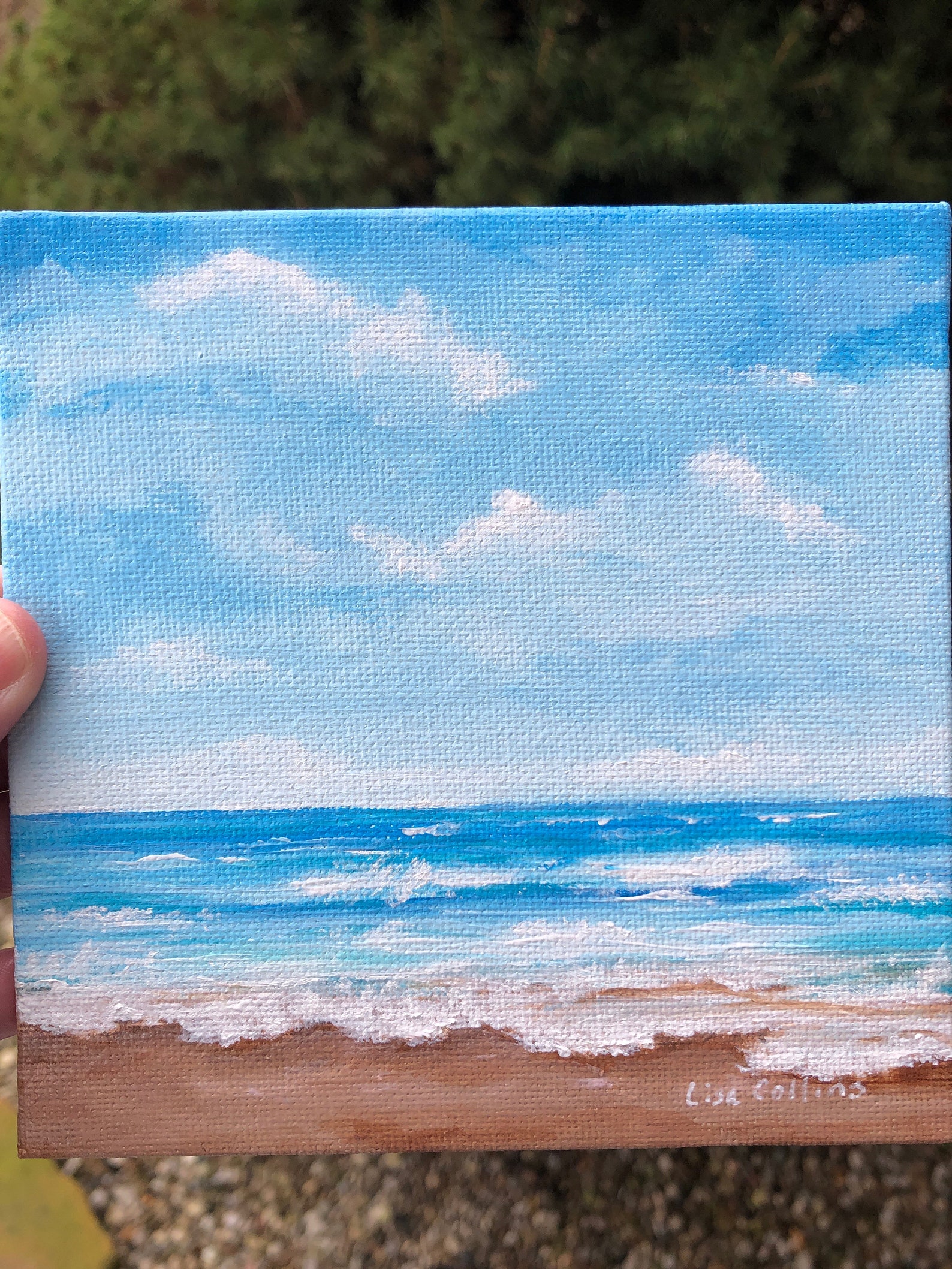 Blue Ocean Waves Acrylic Painting | Small Original Cloudy Skies ...