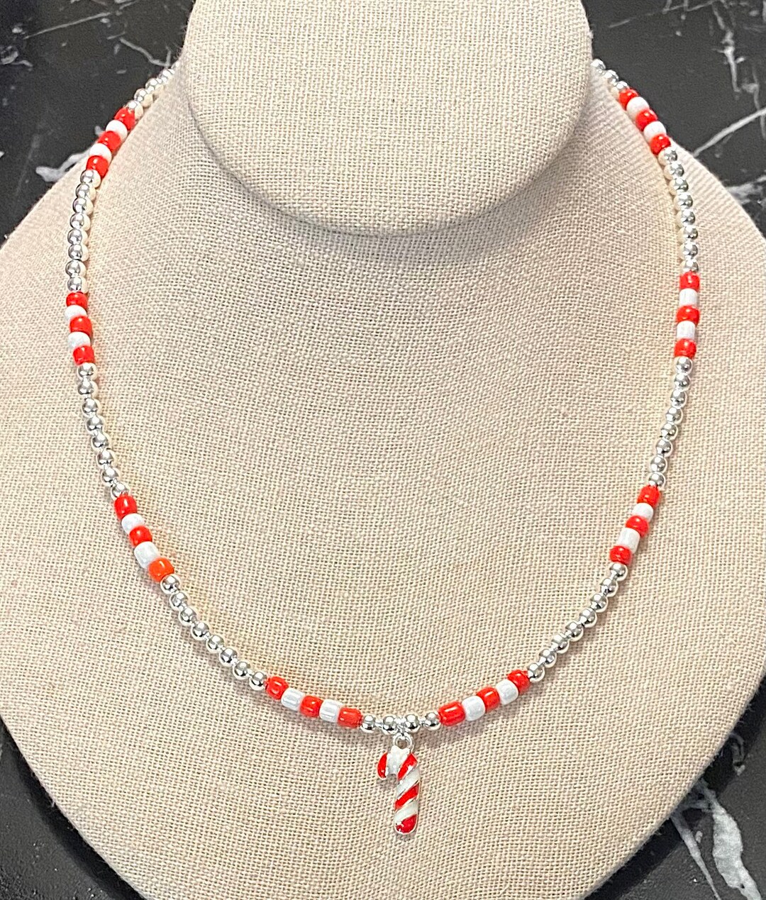 Beaded Candy Cane Necklace, Christmas Necklace Women, Red Beaded ...