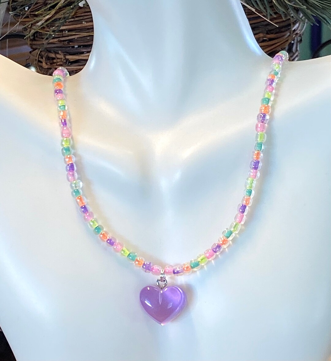 Pastel Gummie Heart Necklace, Girls Bead Necklace, Purple Bead Necklace ...