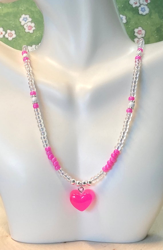 Gummie Heart Necklace Girls Bead Necklace Hot Pink Bead - Etsy