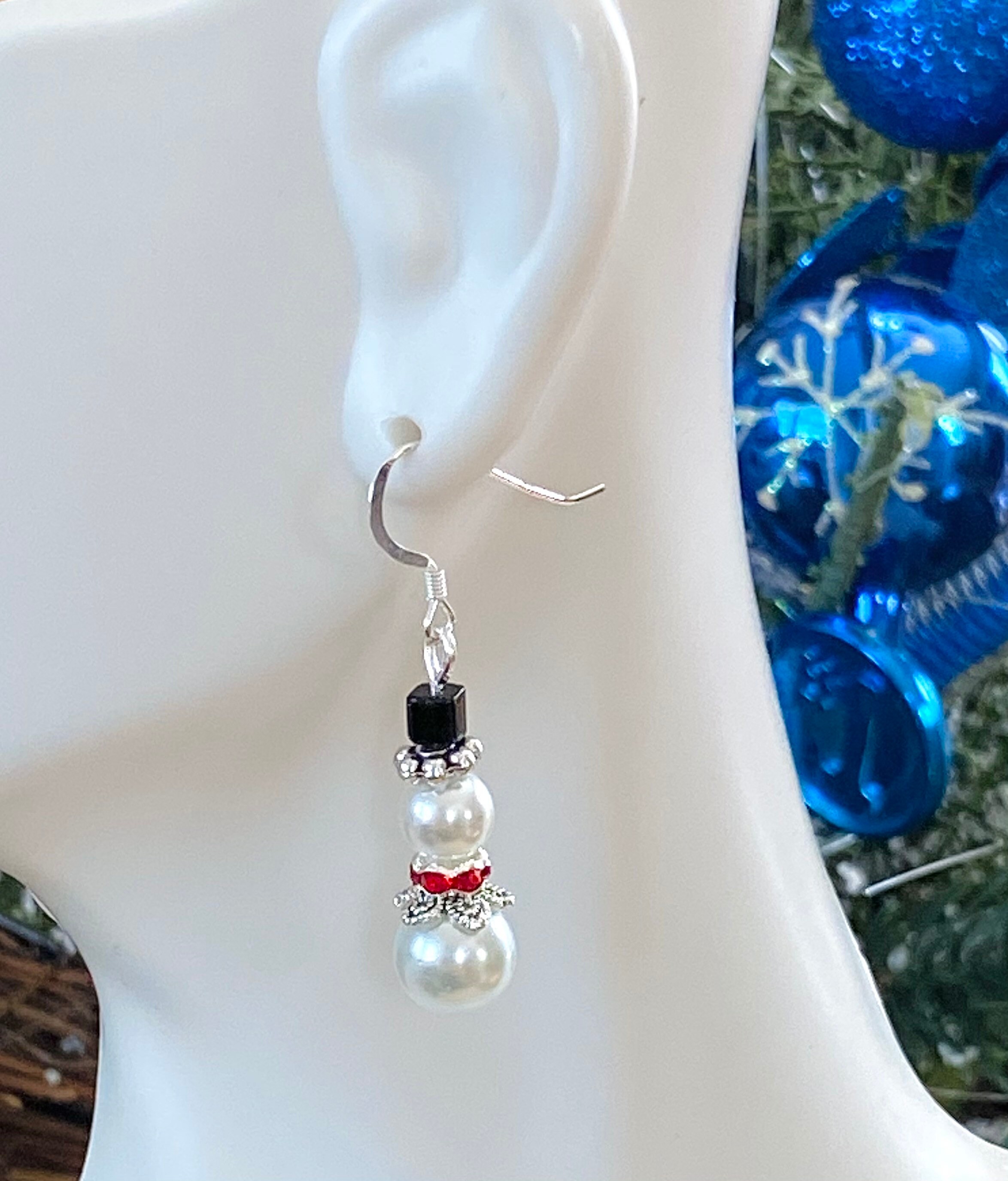 Snowman Earrings Christmas Earrings Pearl Snowman Earrings - Etsy
