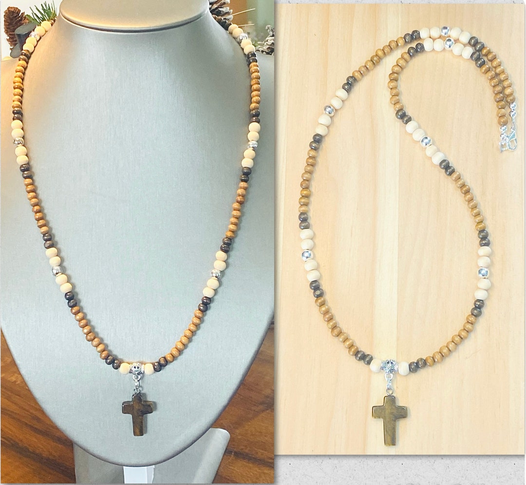 Wood Bead Cross Necklace, Tiger Eye Cross Necklace, Mens Bead Necklace ...