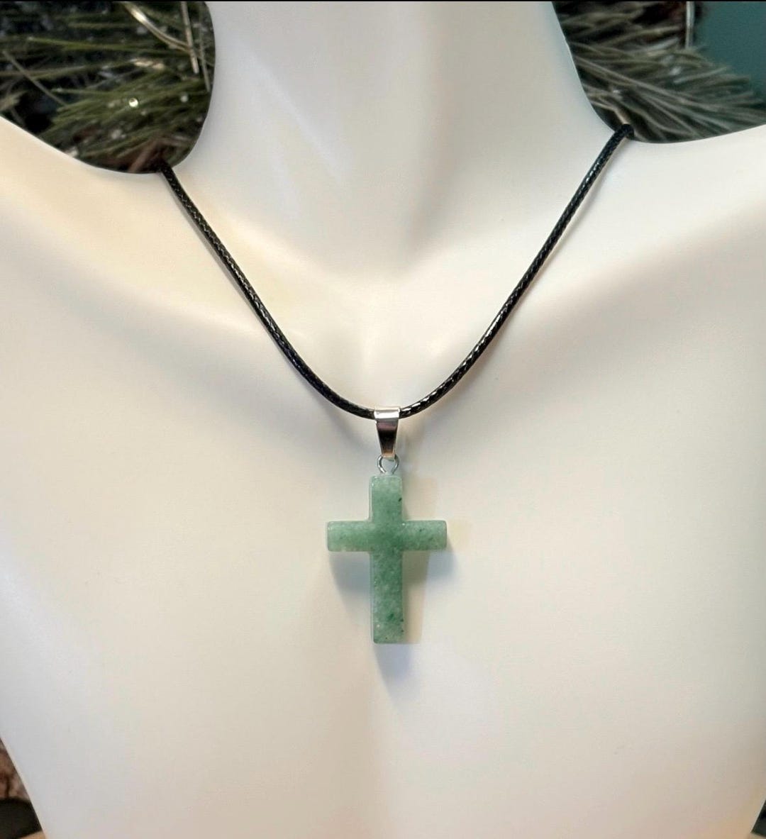Green Aventurine Cross Necklace, Cord Cross Necklace, Green Stone Cross ...