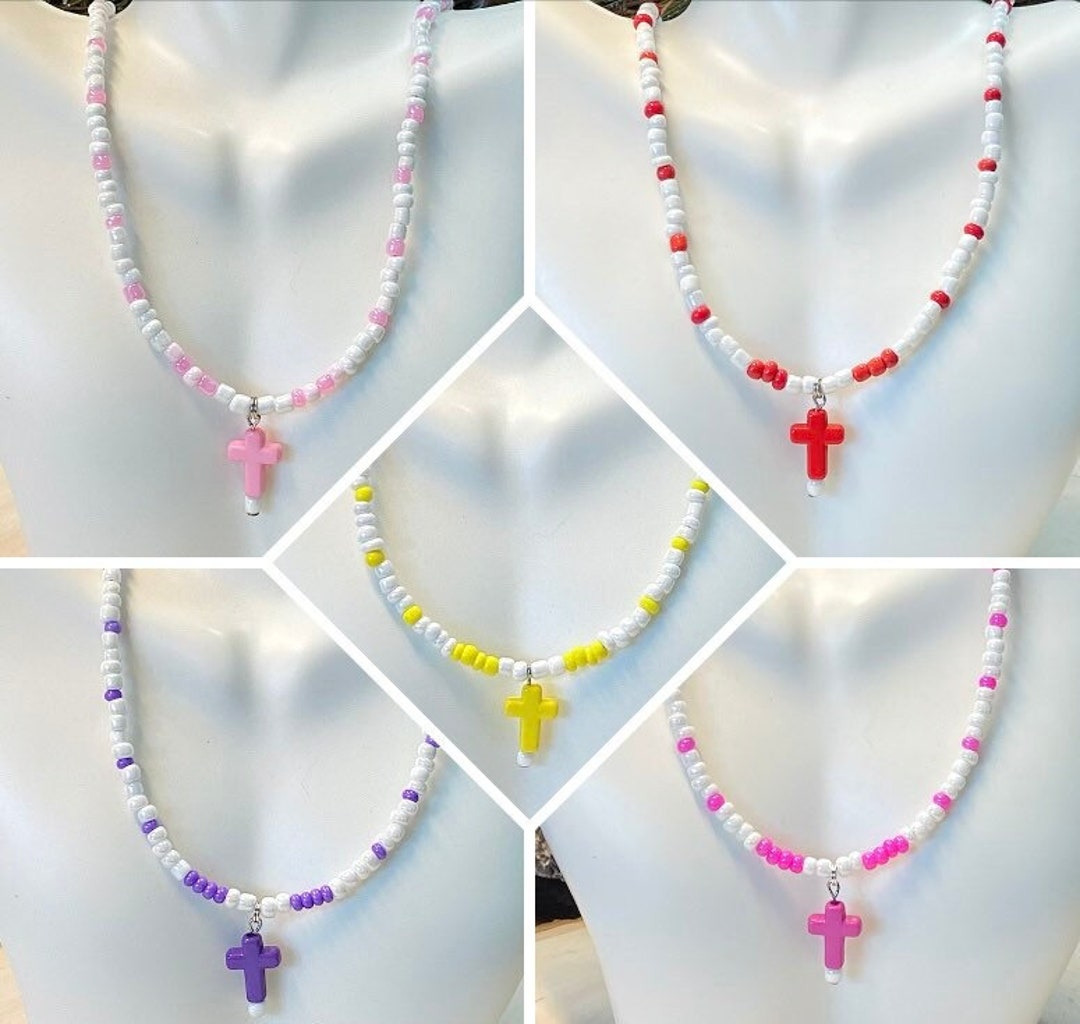 Girls Beaded Necklace With Cross, White Beaded Necklace, Girls Necklace ...
