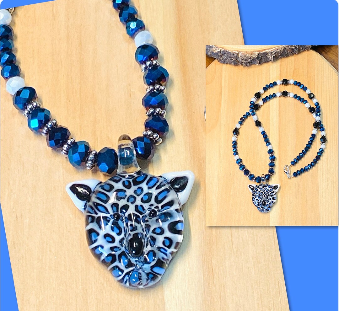 Snow Leopard Necklace, Blue Iridescent Bead Necklace, Leopard Bead ...
