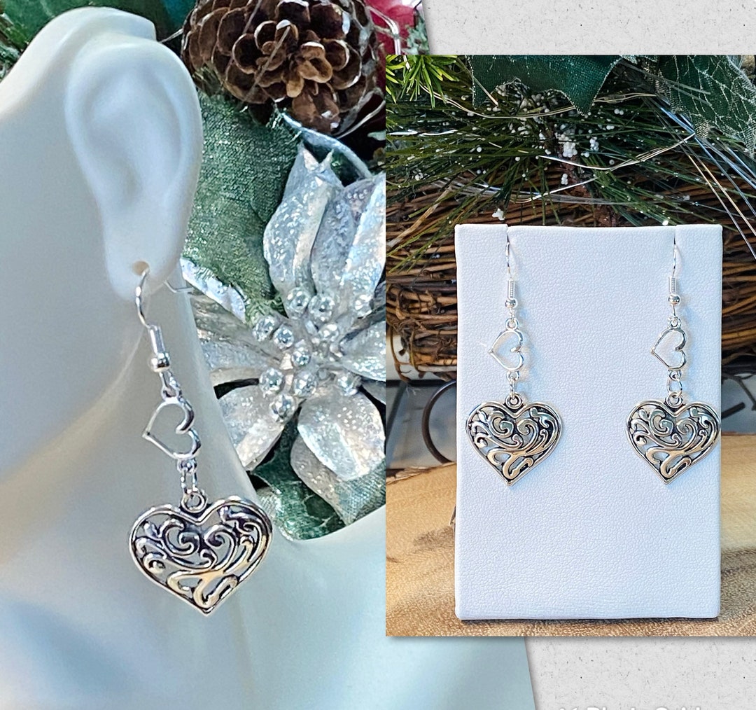 Silver Heart Earrings, Double Heart Earrings, Silver Heart Dangle ...