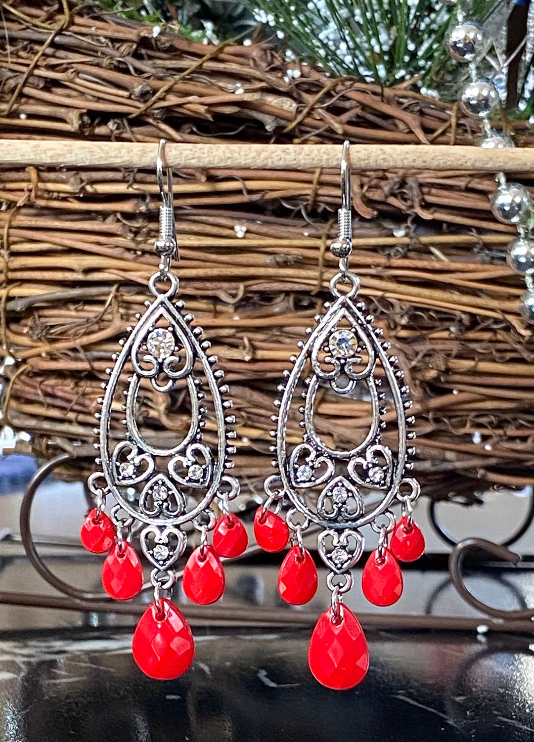 Silver Dangle Earrings Red Crystal Bead Earrings Long Silver Earrings