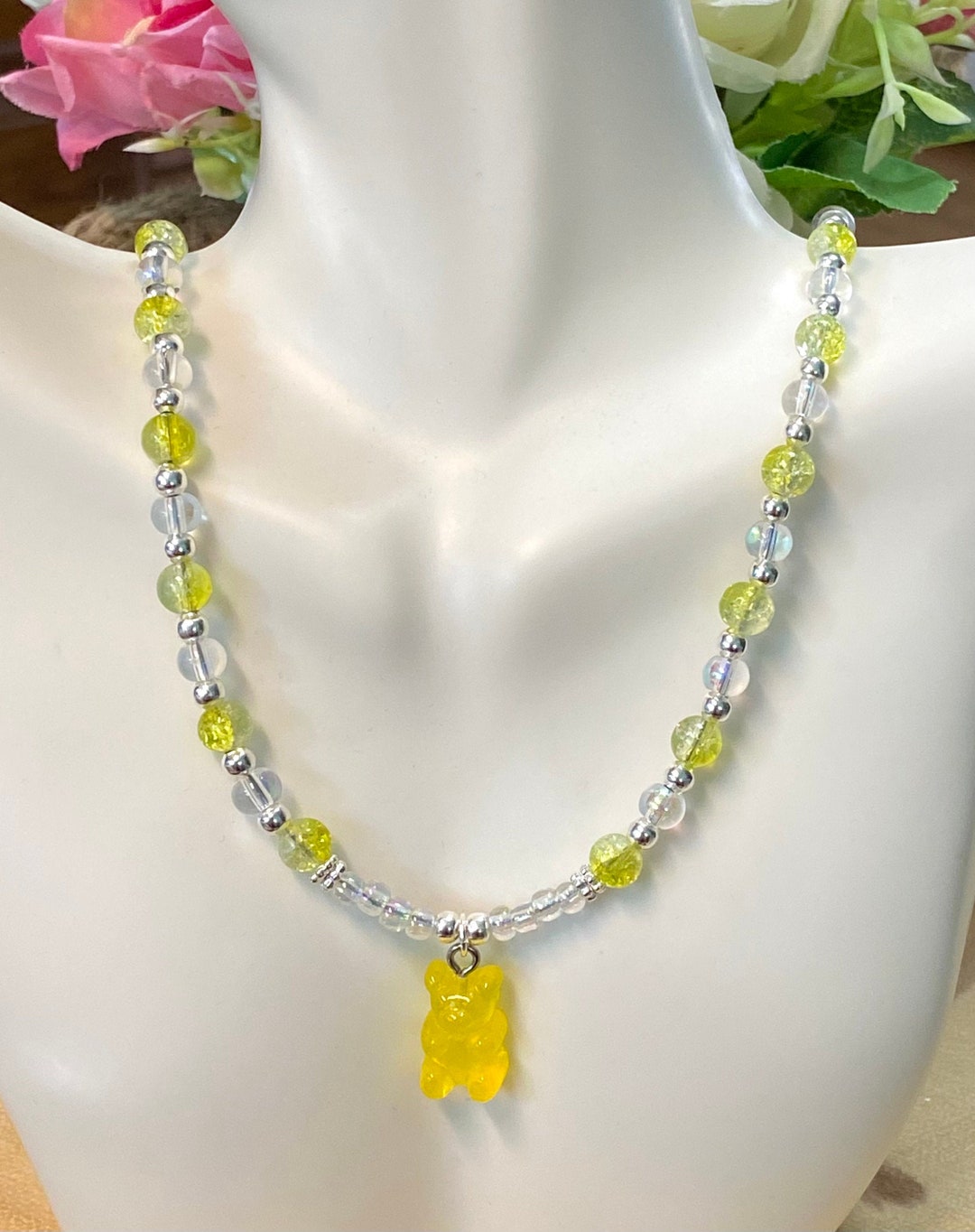 Gummie Bear Necklace, Girls Bead Necklace, Yellow Crackle Bead Necklace ...