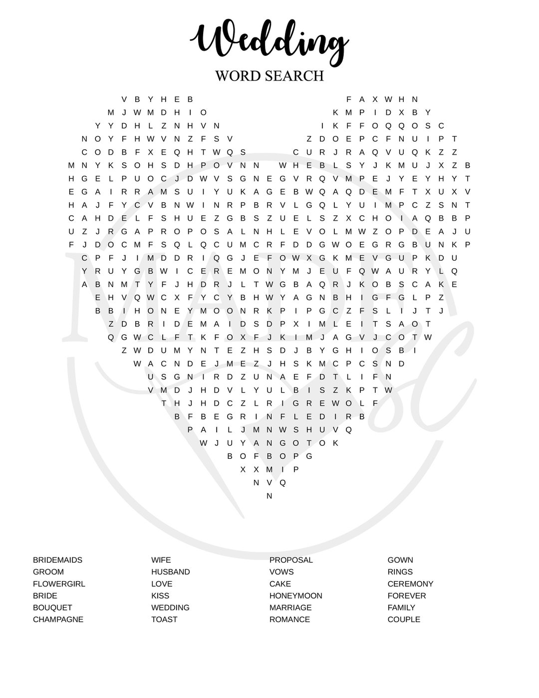 Bridal Word Search, Bridal Shower Puzzle, Wedding Word Search Puzzle ...