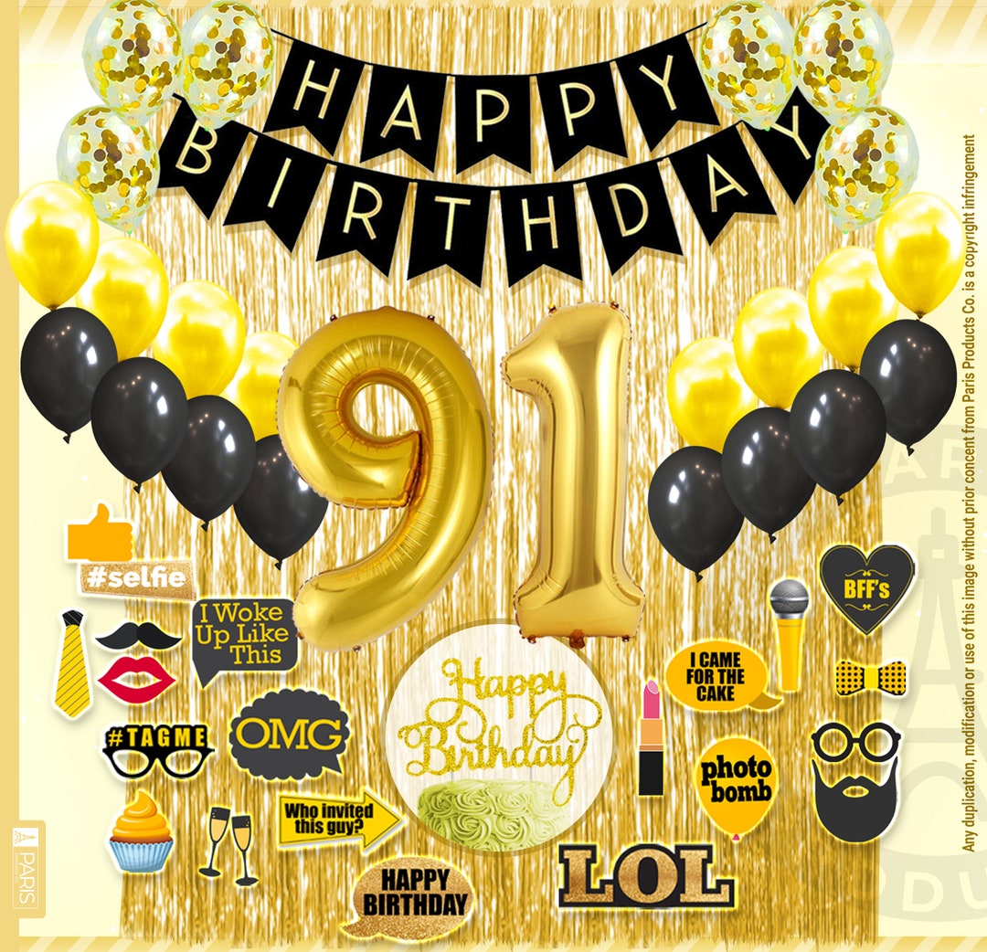 91st Birthday Decoration Black and Gold for Boy & Girl, 91st Cake ...