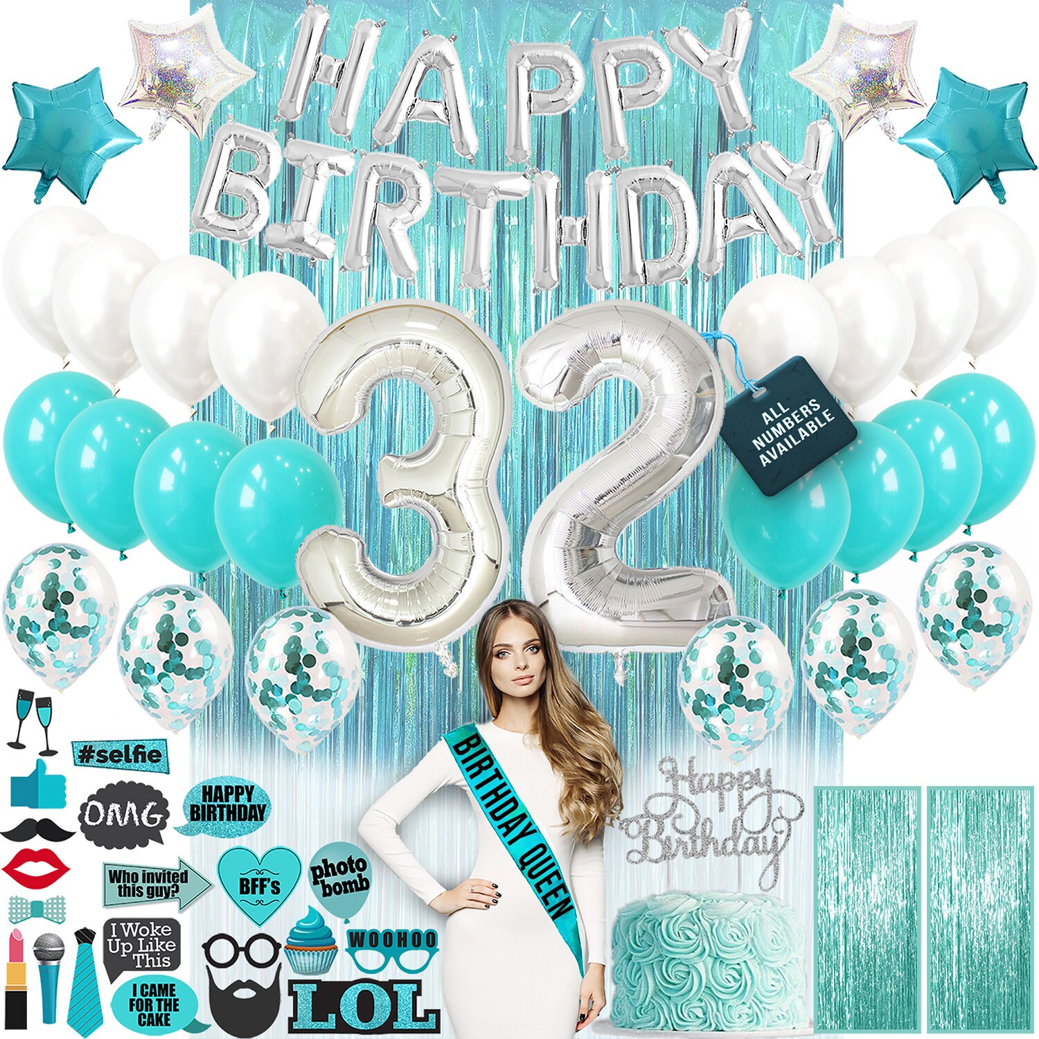 32nd Teal Green Birthday Decorations Party Supplies Birthday Banner 32nd Sash Birthday Balloons 32cake Topper 32nd Photo Props Curtain Etsy