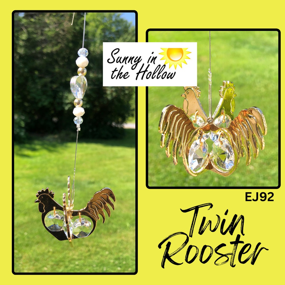 Twin ROOSTER in Gold CLEAR Crystal Suncatcher EJ92 Sun Catcher Crystals ...