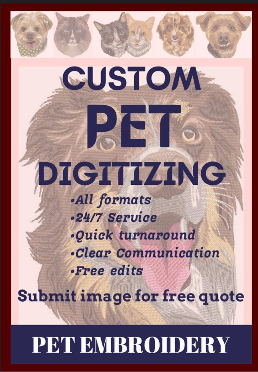 Custom Pet Embroidery Digitizing/dog Digitizing/cat Portrait/pet ...