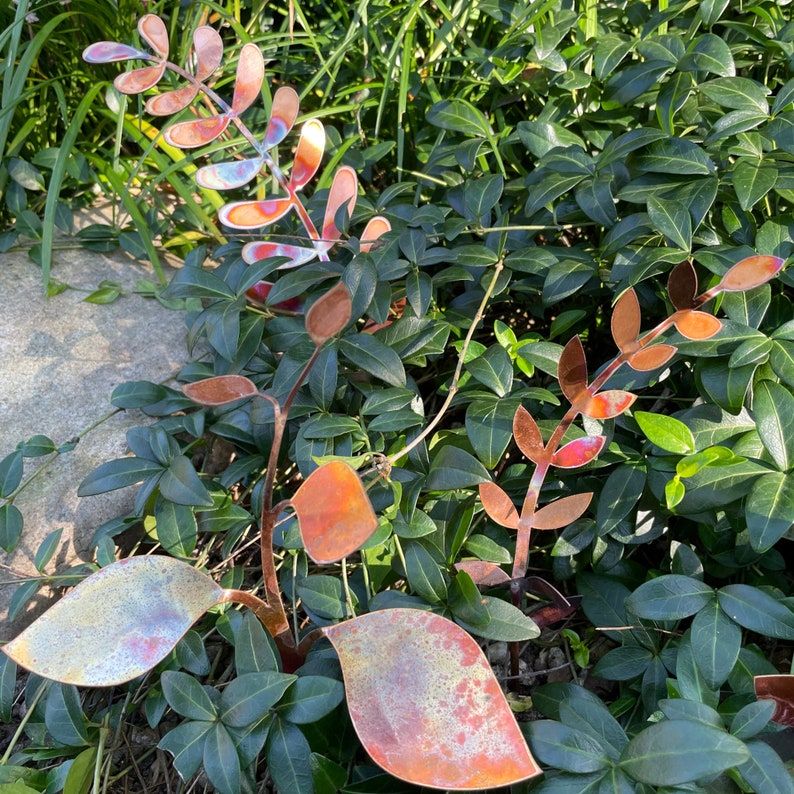 Rainbow Patina Copper Metal Leaves - Garden Art Plant Stakes - Etsy