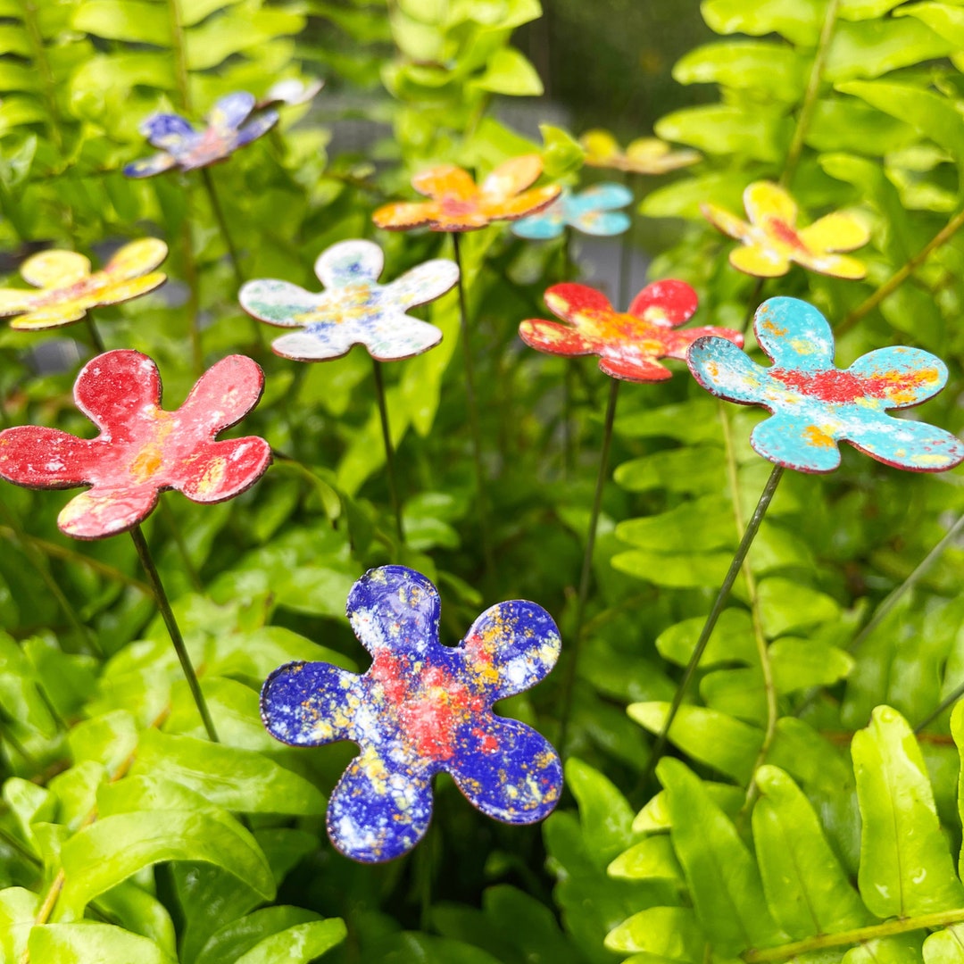 Small Enamel Copper Flower Bouquet: Metal Garden Art Plant Stakes Set ...