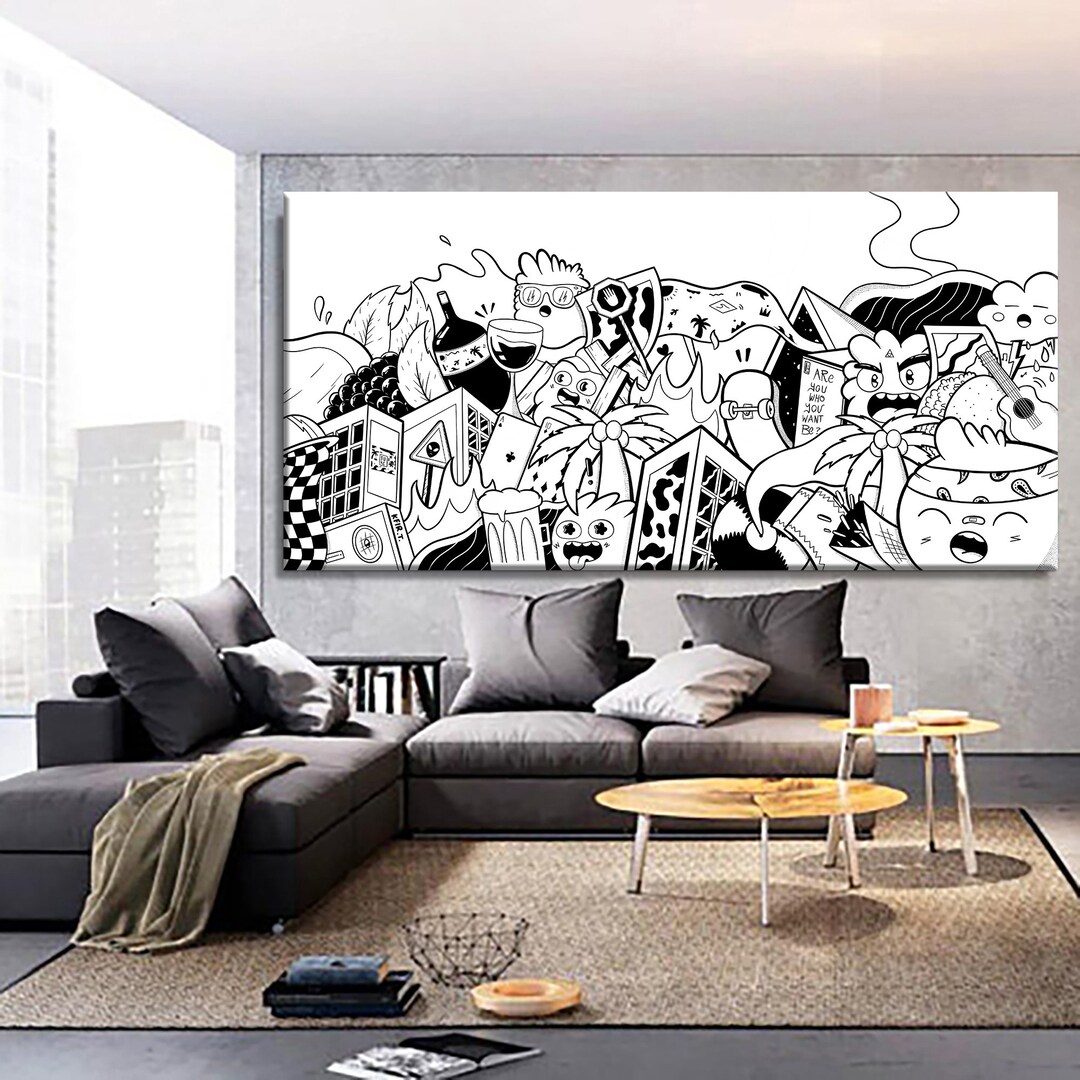 Black and White Graffiti Style Wall Art, Horizontal Large Graffiti ...