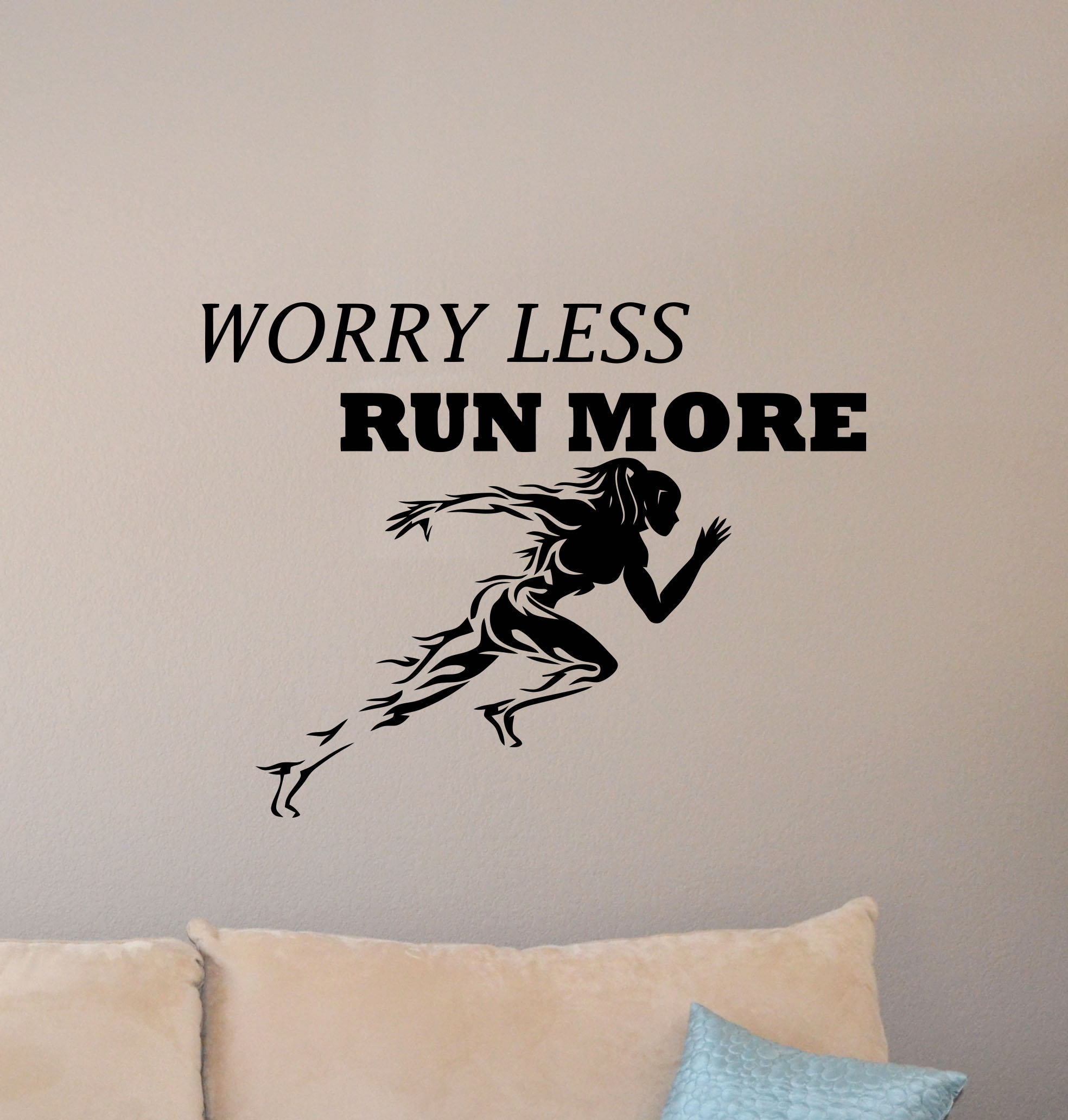 Gym Wall Decal Worry Less Run More Poster Sport Fit Motivational Quote ...