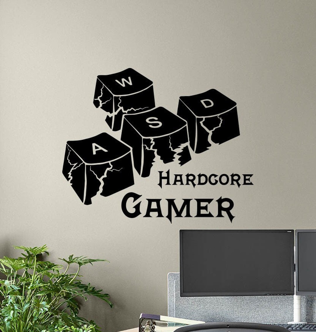 Hardcore Gamer Wall Decal WASD Keyboard Keys Gamer Room Sign Poster PC ...