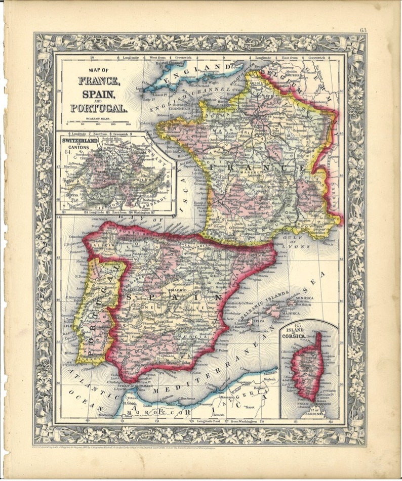 Antique 1860 Map of France Portugal and Spain Digital - Etsy