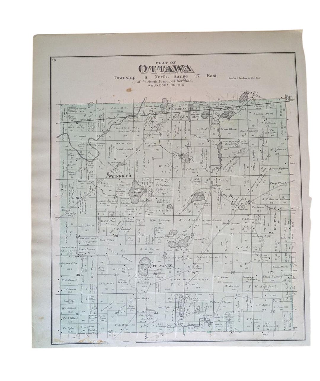 Vintage 1891 Atlas Plat Map ~ Ottawa Waukesha County Wisconsin 2 Sided ...