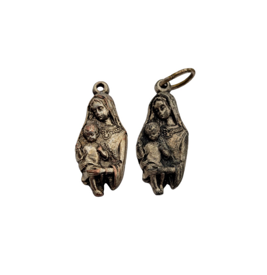 Pair of 2 Virgin Mary and Infant Jesus Silverplate Pendants Charms ...