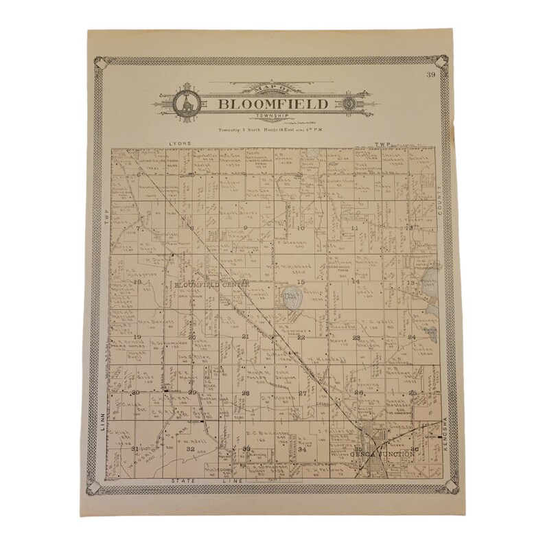 Vintage 1907 Atlas Plat Map ~ Bloomfield Township Walworth County ...