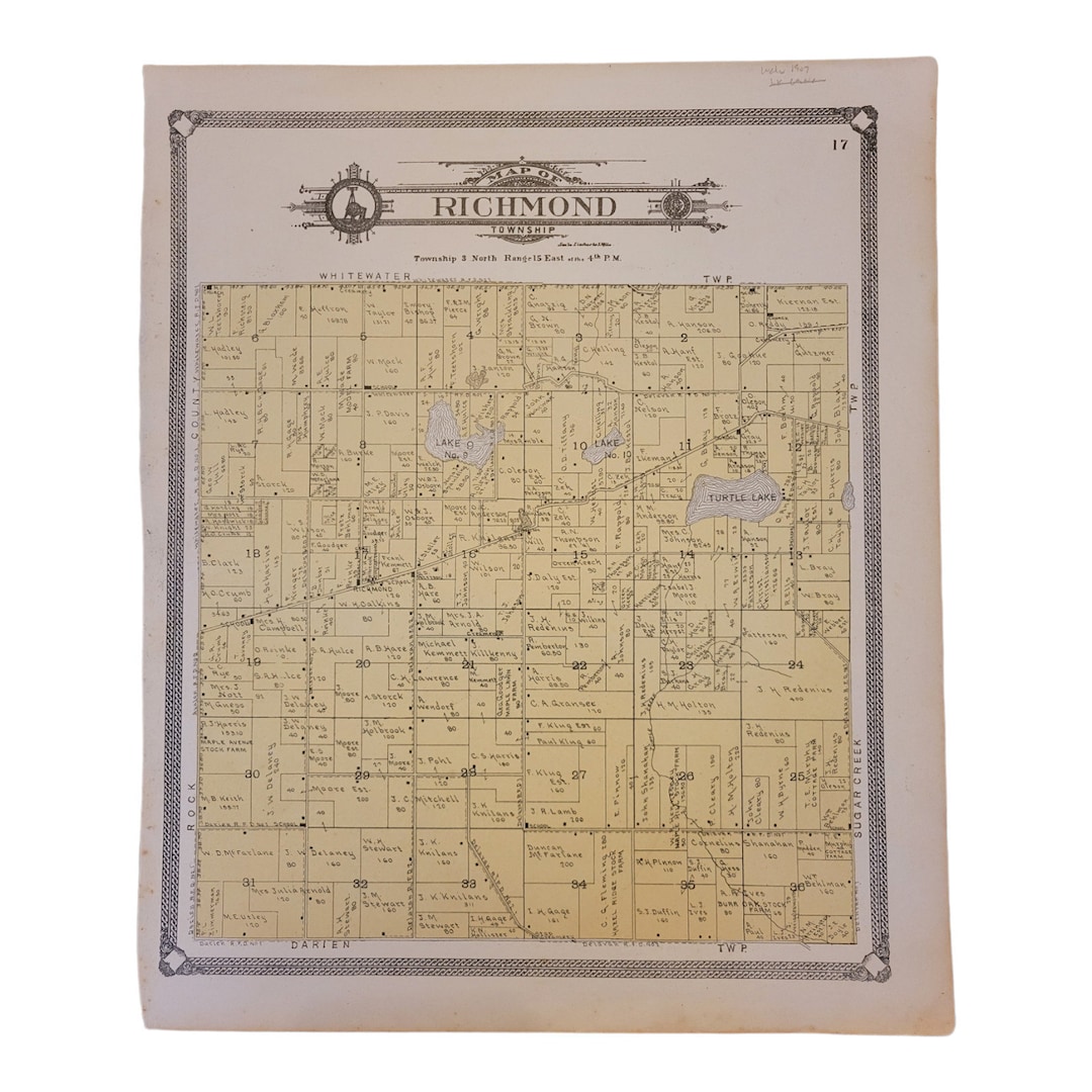 Vintage 1907 Atlas Plat Map ~ Richmond Township Walworth County ...