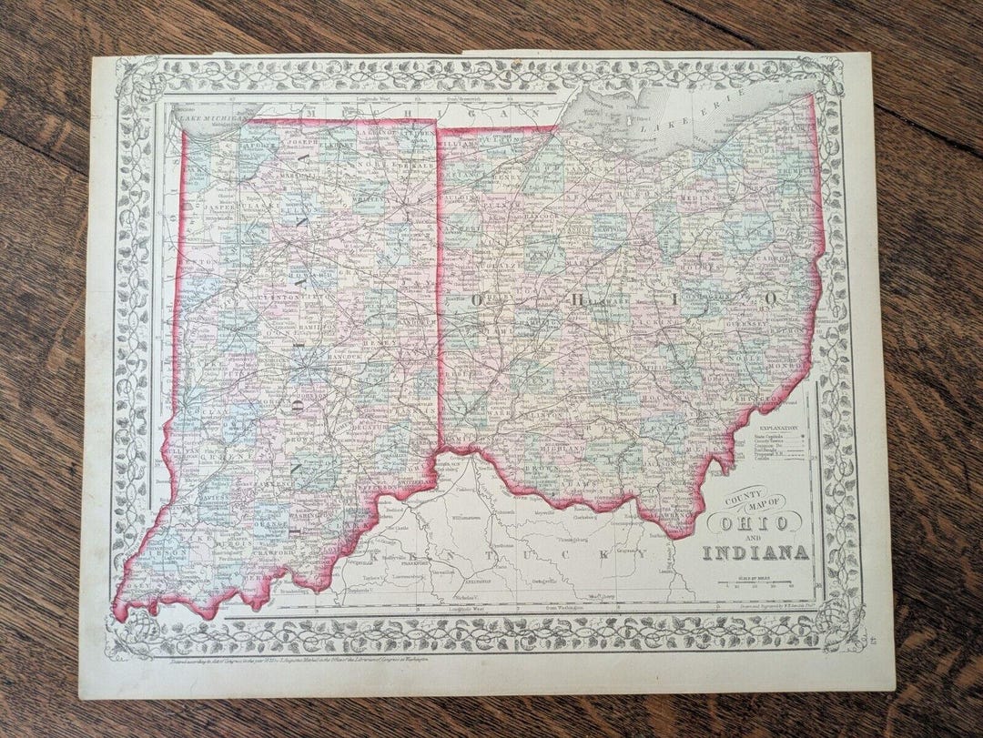 Original 1872 Ohio Indiana US State Map Mitchell 15 1/4" X 12 1/4" Hand ...