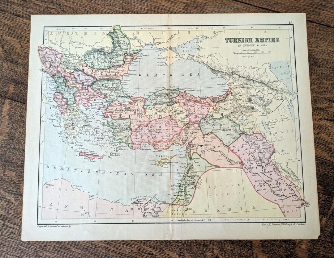 Original 1870 Turkish Empire Turkey Antique Map Hand Colored 14" X 11 1 ...