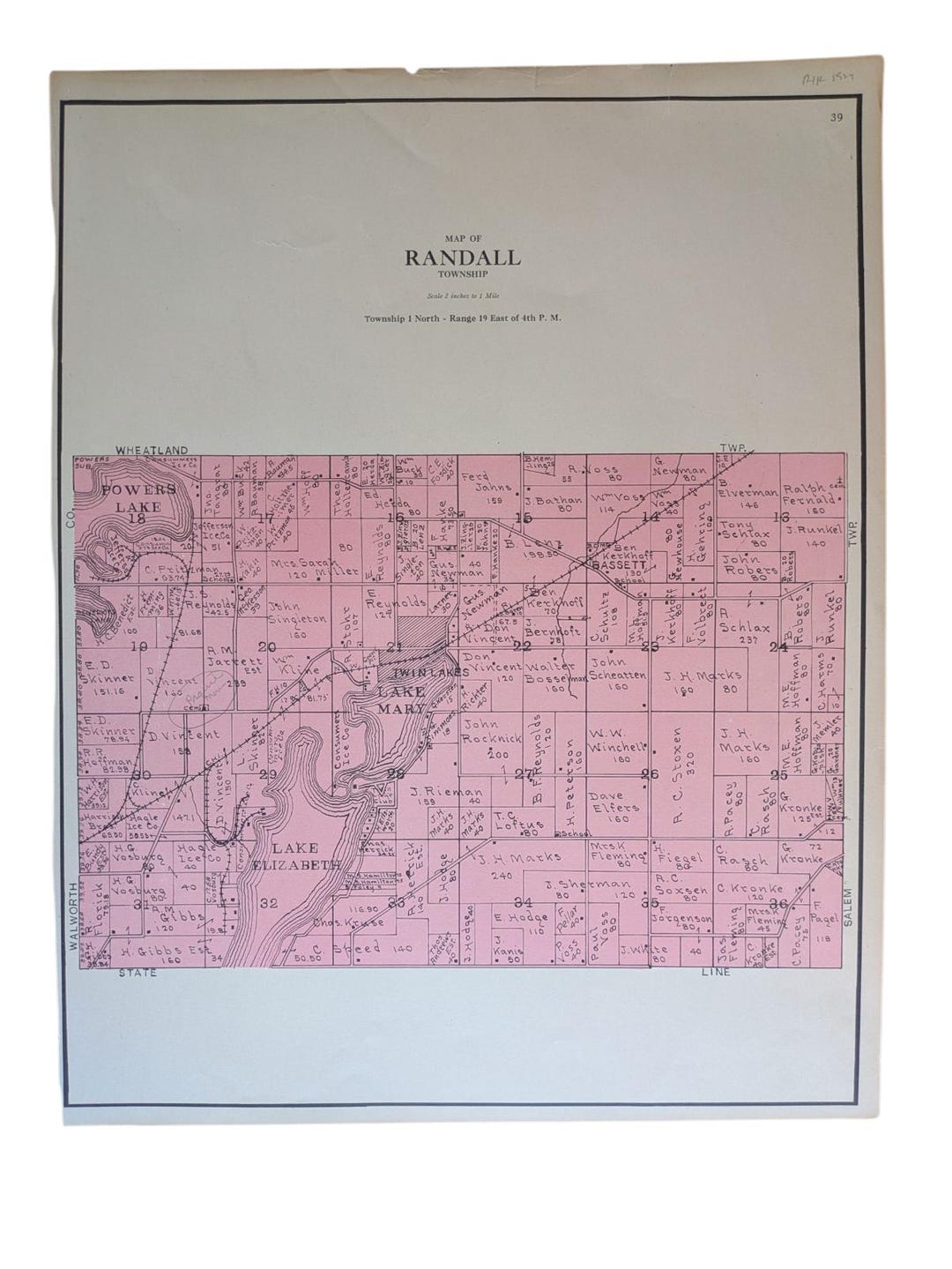 Vintage 1924 Atlas Plat Map ~ Randall Township Kenosha County Wisconsin ...