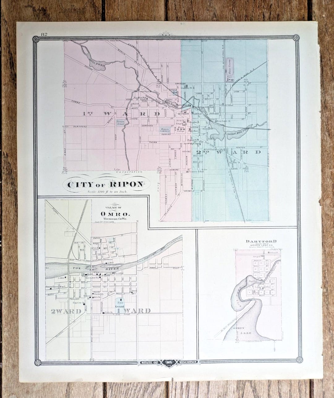 Vintage 1878 Double Sided Map Green Lake County, Ripon, Montello Omro ...
