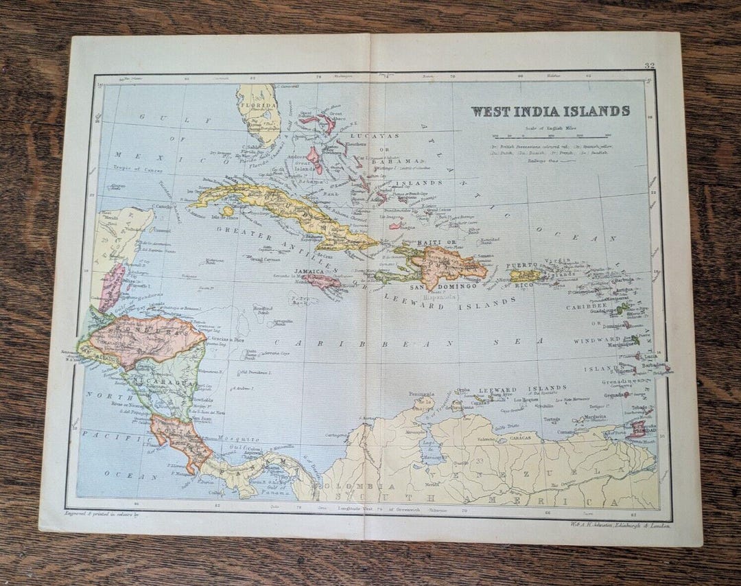 Original 1876 West India Islands Map by Johnston Hand Colored 14" X 11 ...