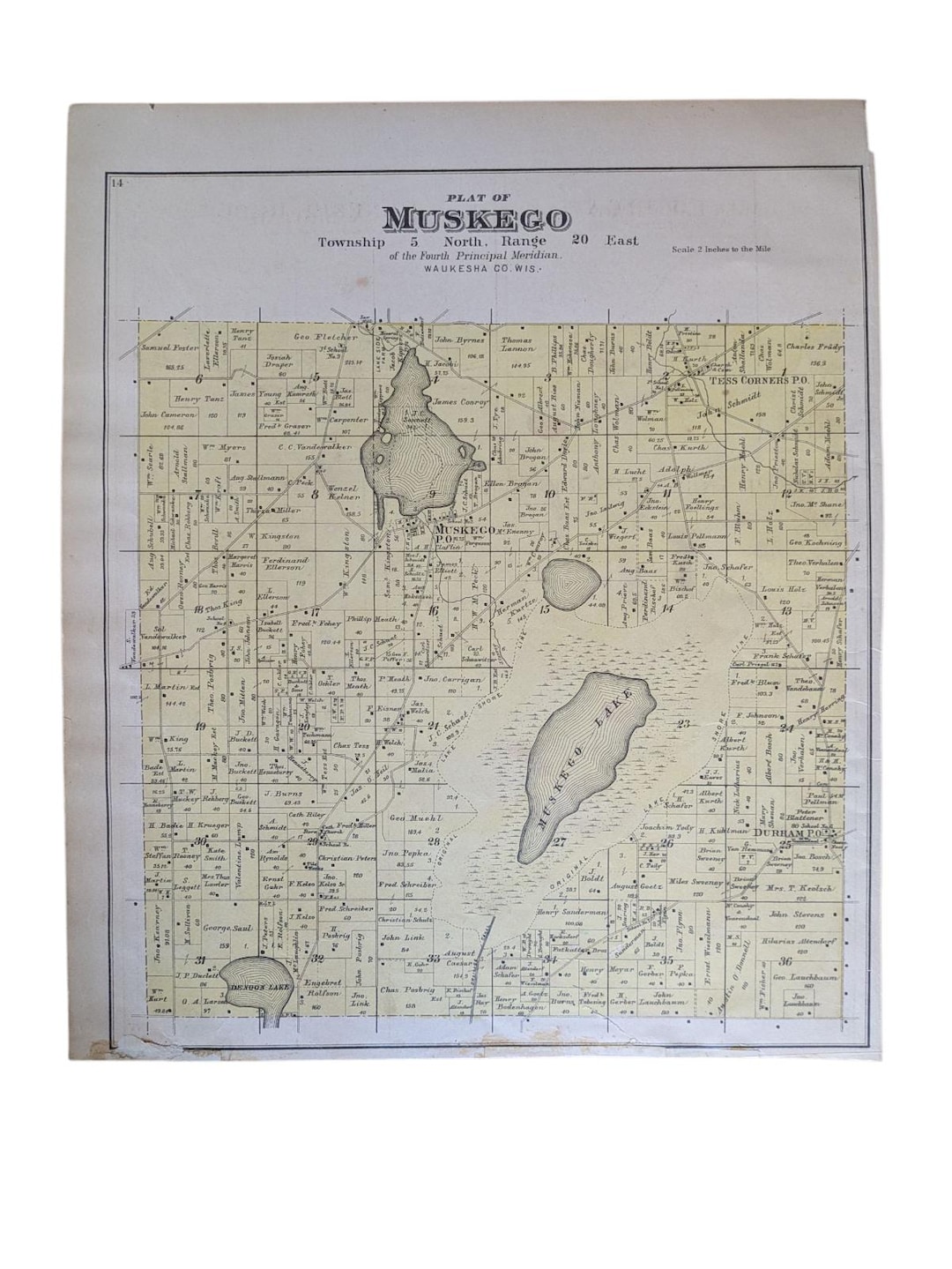 Vintage 1892 Atlas Plat Map ~ Muskego Waukesha County Wisconsin 2 Sided ...