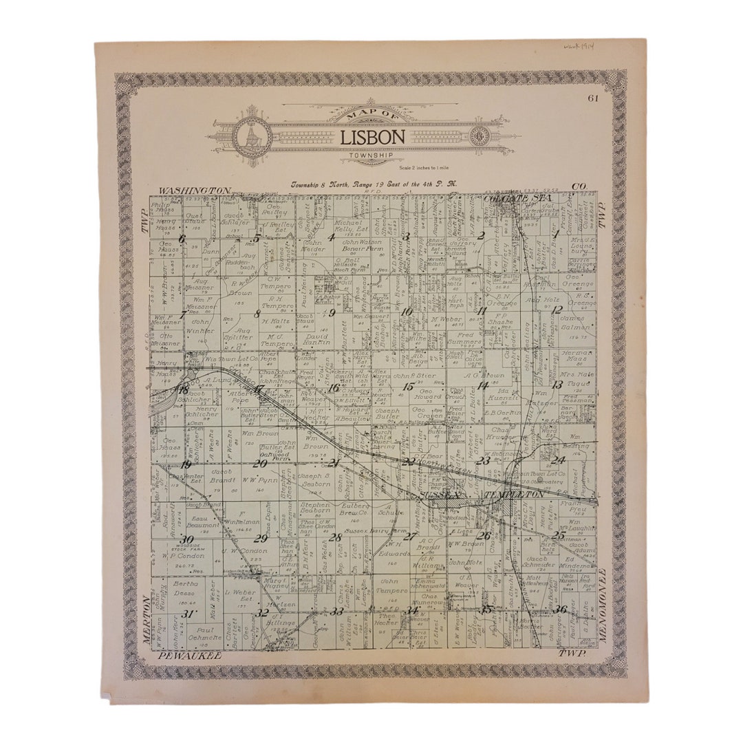 Vintage 1914 Atlas Plat Map ~ Lisbon Township Waukesha County Wisconsin ...