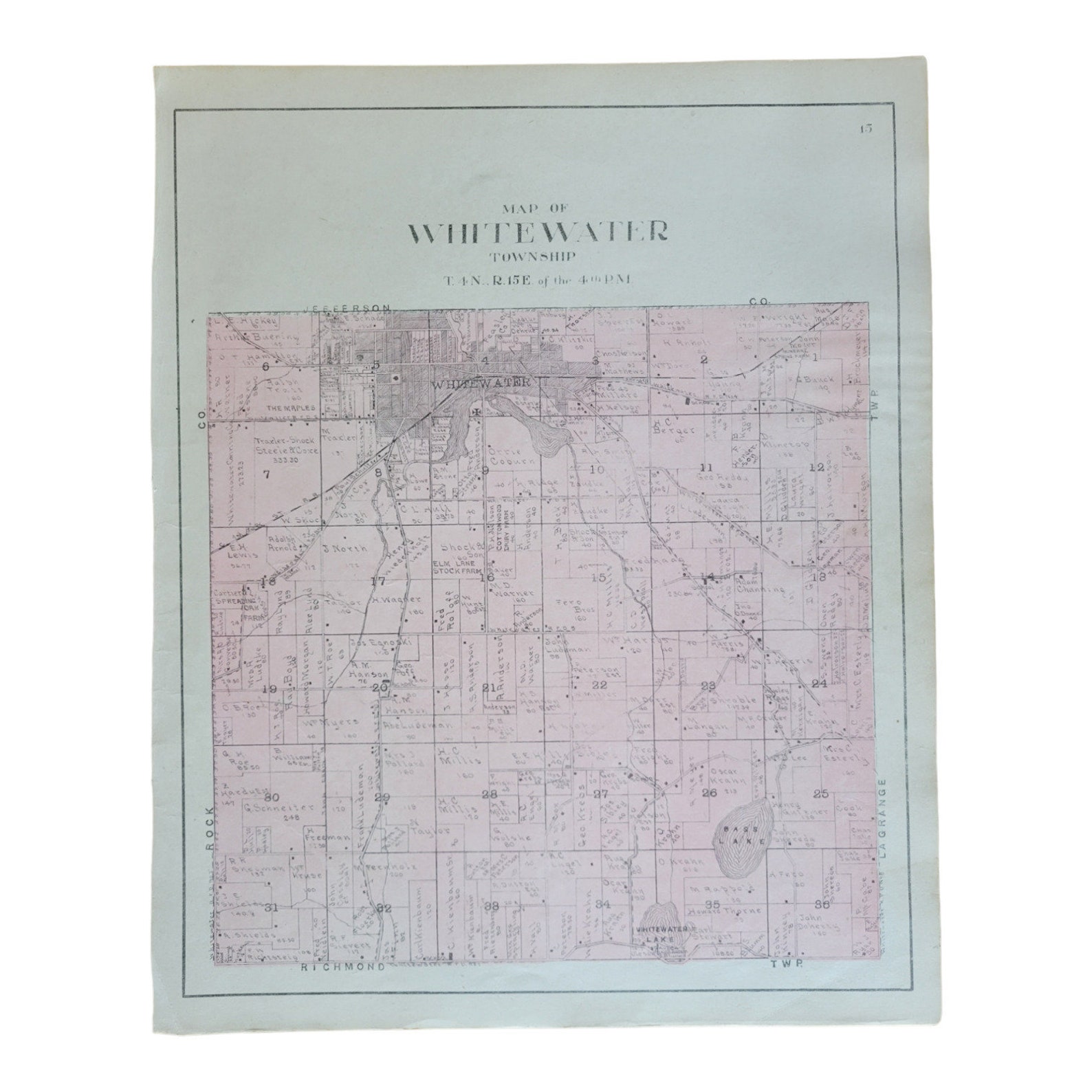 Vintage 1921 Atlas Plat Map ~ Whitewater Township Walworth County ...