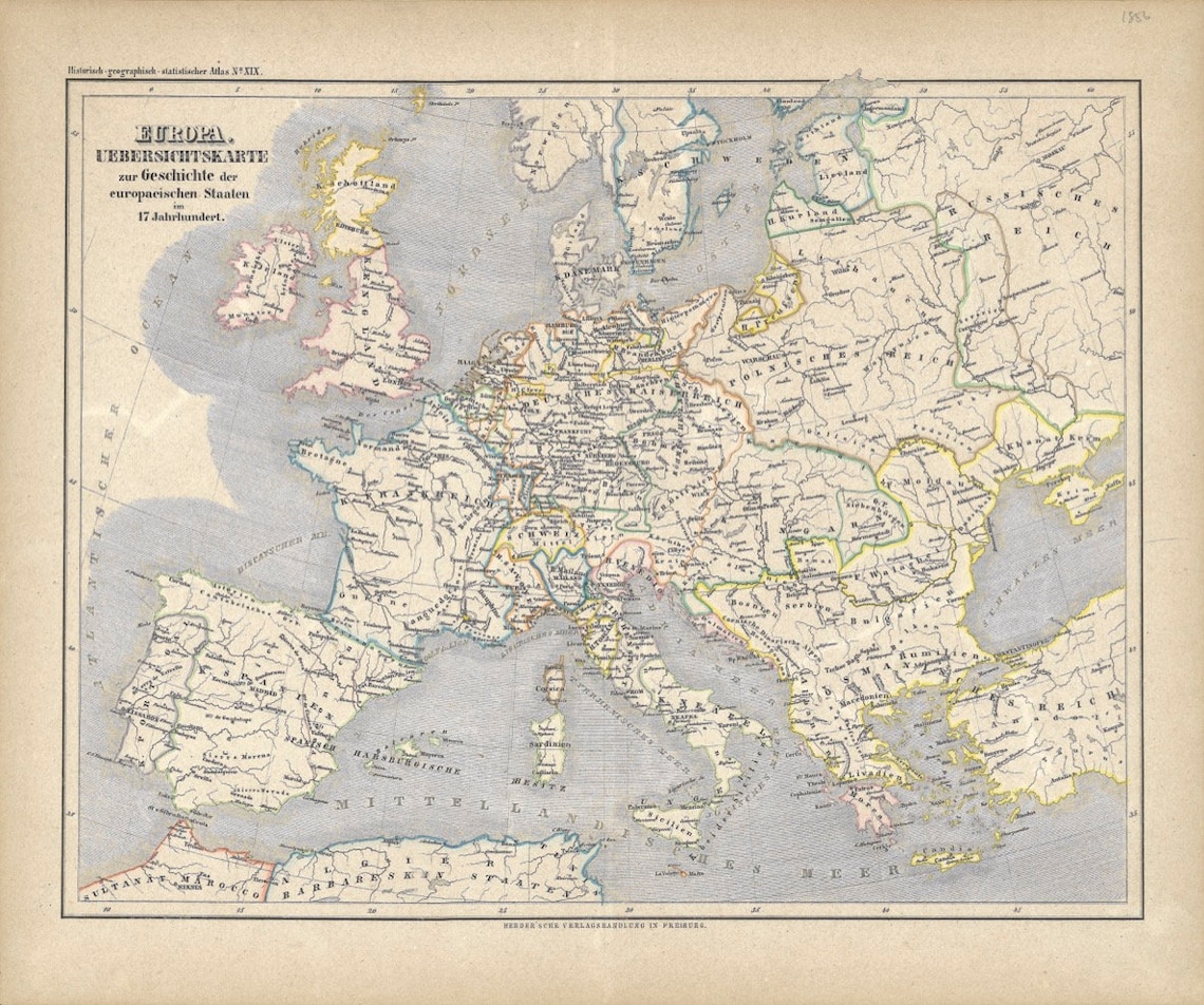 1856 German Historical Map of 17th Century Europe Map Digital - Etsy