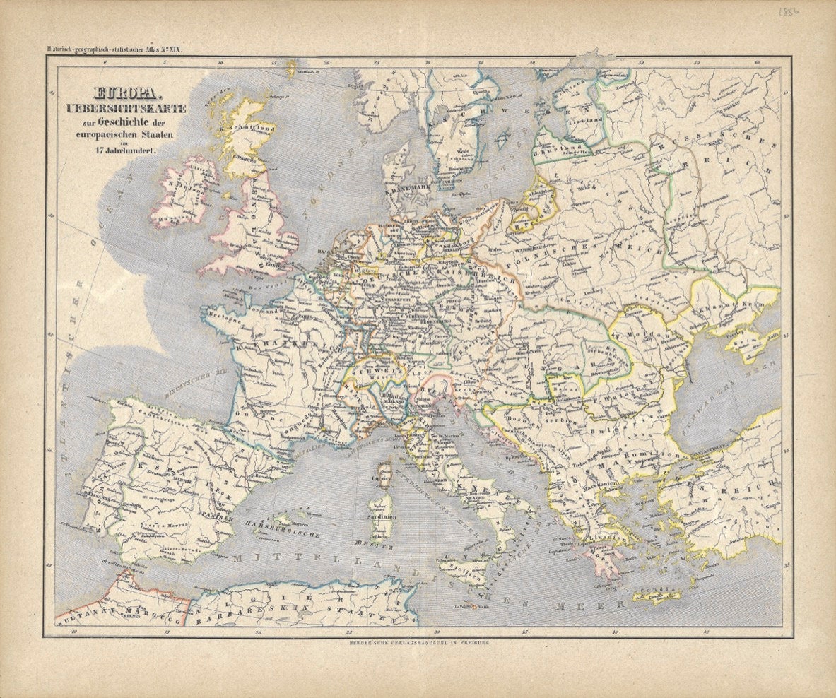 1856 German Historical Map of 17th Century Europe Map Digital - Etsy