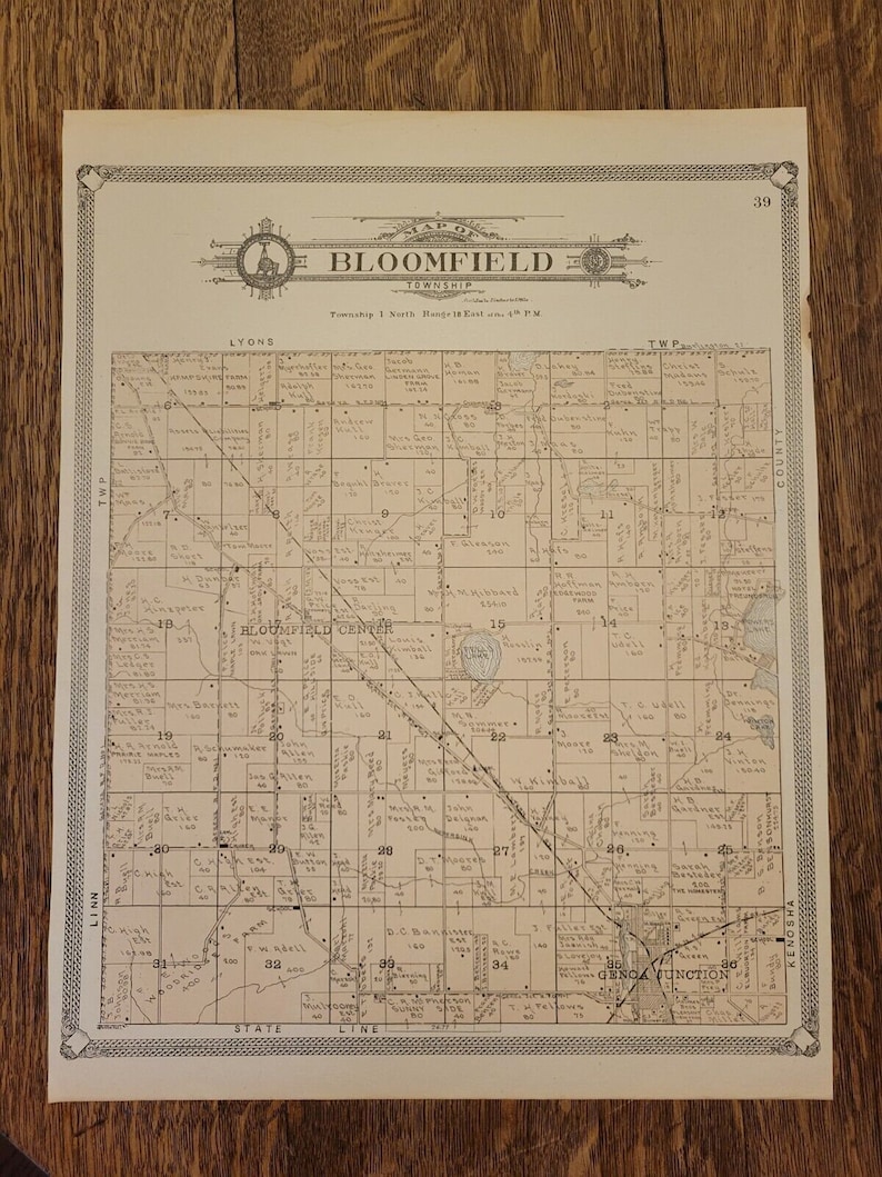Vintage 1907 Atlas Plat Map ~ Bloomfield Township Walworth County ...