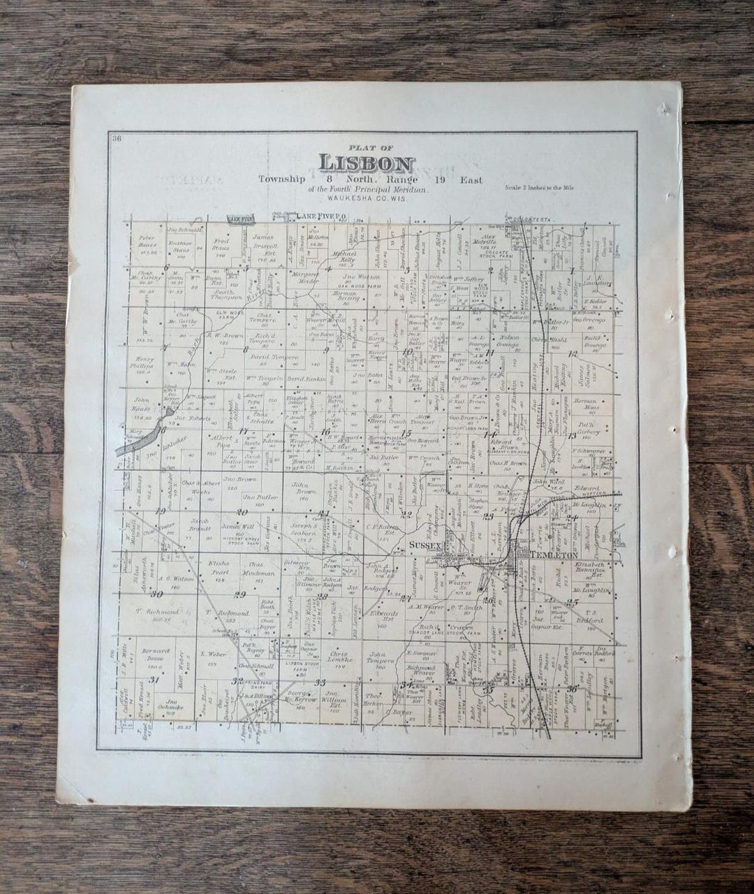 Vintage 1892 Atlas Plat Map ~ Lisbon Township Waukesha County Wisconsin ...