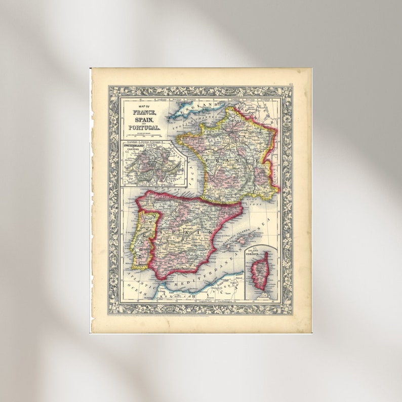 Antique 1860 Map of France Portugal and Spain Digital - Etsy