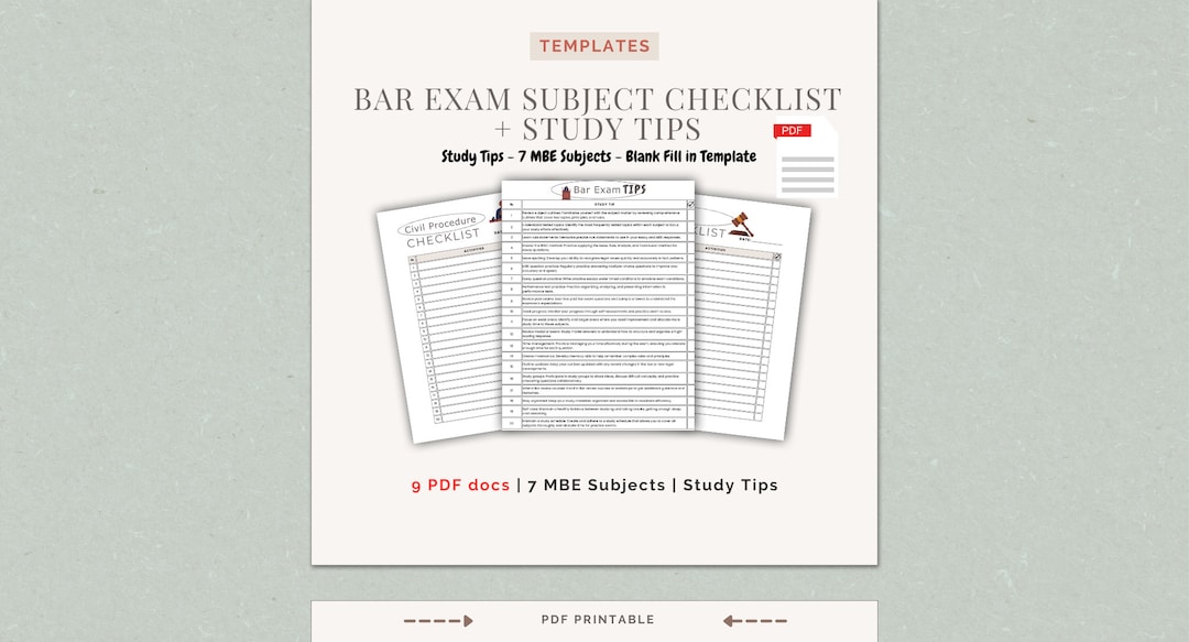 Bar Exam Checklist Template Study Help MBE Subjects and Comprehensive ...
