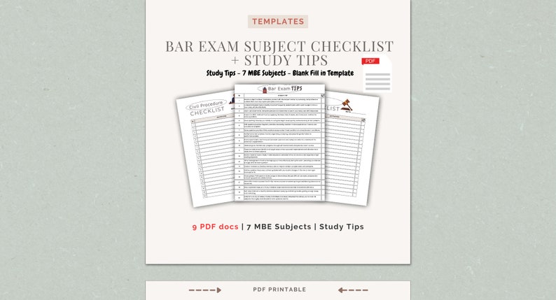 Bar Exam Checklist Template Study Help MBE Subjects and Comprehensive ...