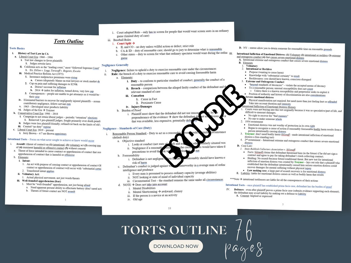 Torts Law 1L Study Guide BUNDLE Comprehensive 76-page OUTLINE & Exam ...