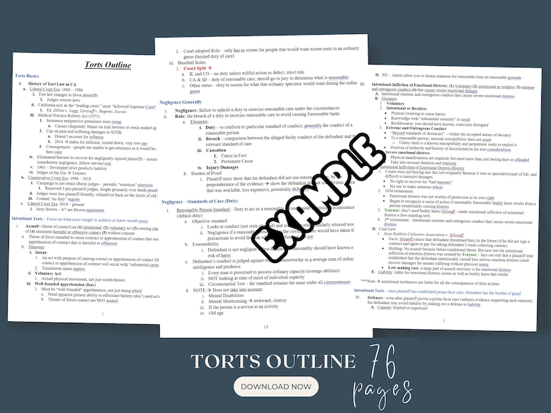 Torts Law 1L Study Guide BUNDLE Comprehensive 76-page OUTLINE & Exam ...