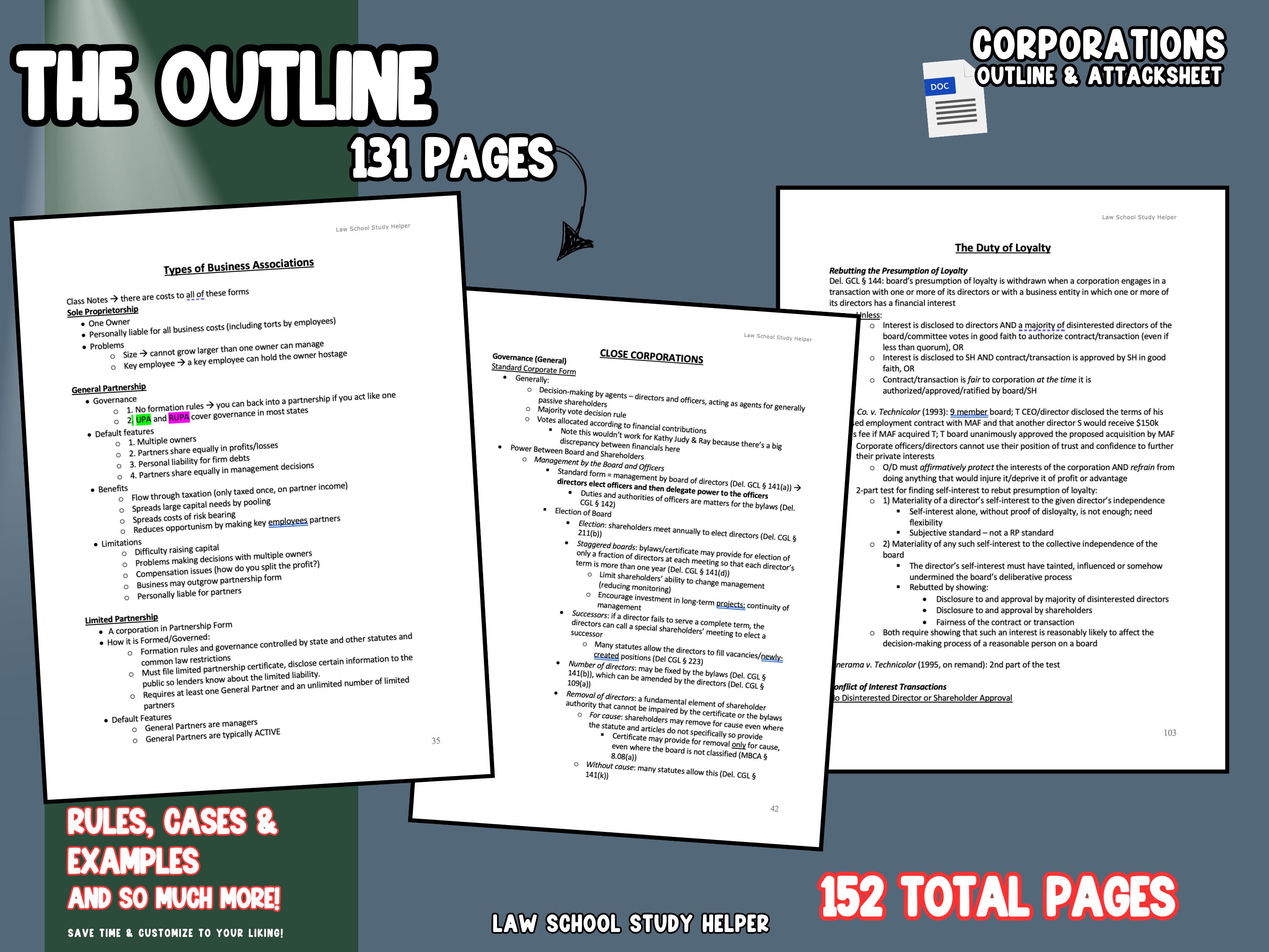 Corporations Law Outline & Attack Sheet: Law School Exam Prep (digital ...